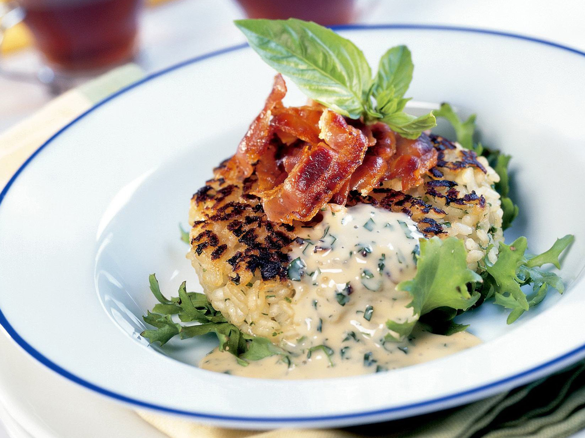 Risotto cakes with basil sauce and pancetta | Women's Weekly Food