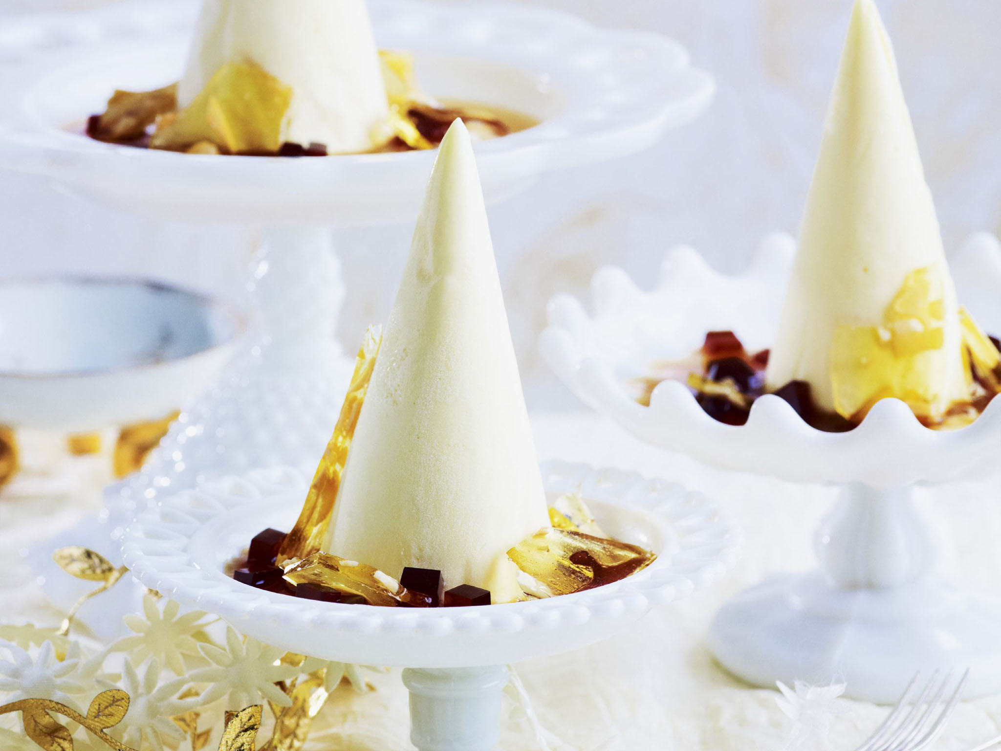 Frozen white chocolate mousse with espresso jelly and almond praline ...