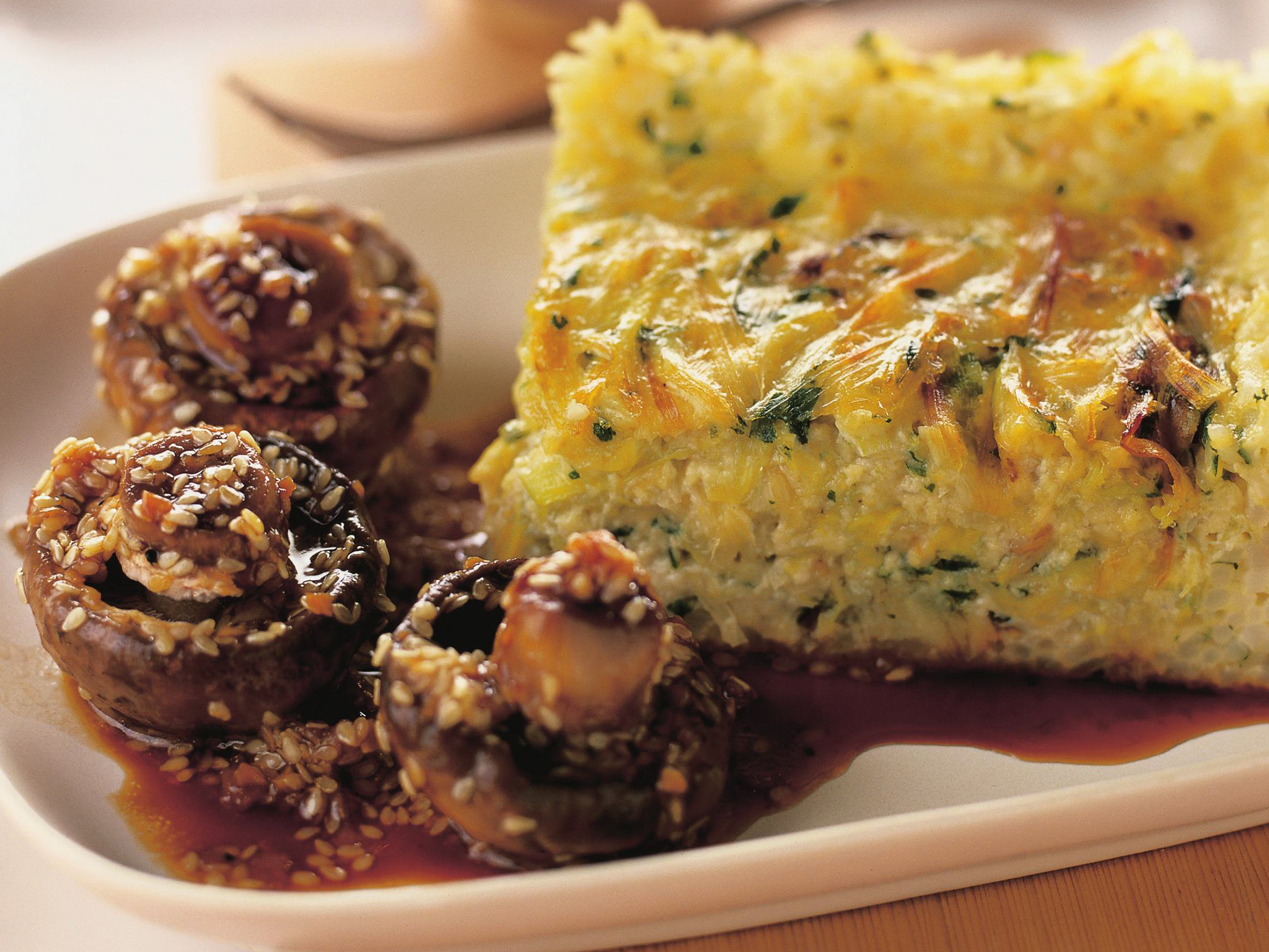 Leek and rice flan with sesame mushrooms | Women's Weekly Food