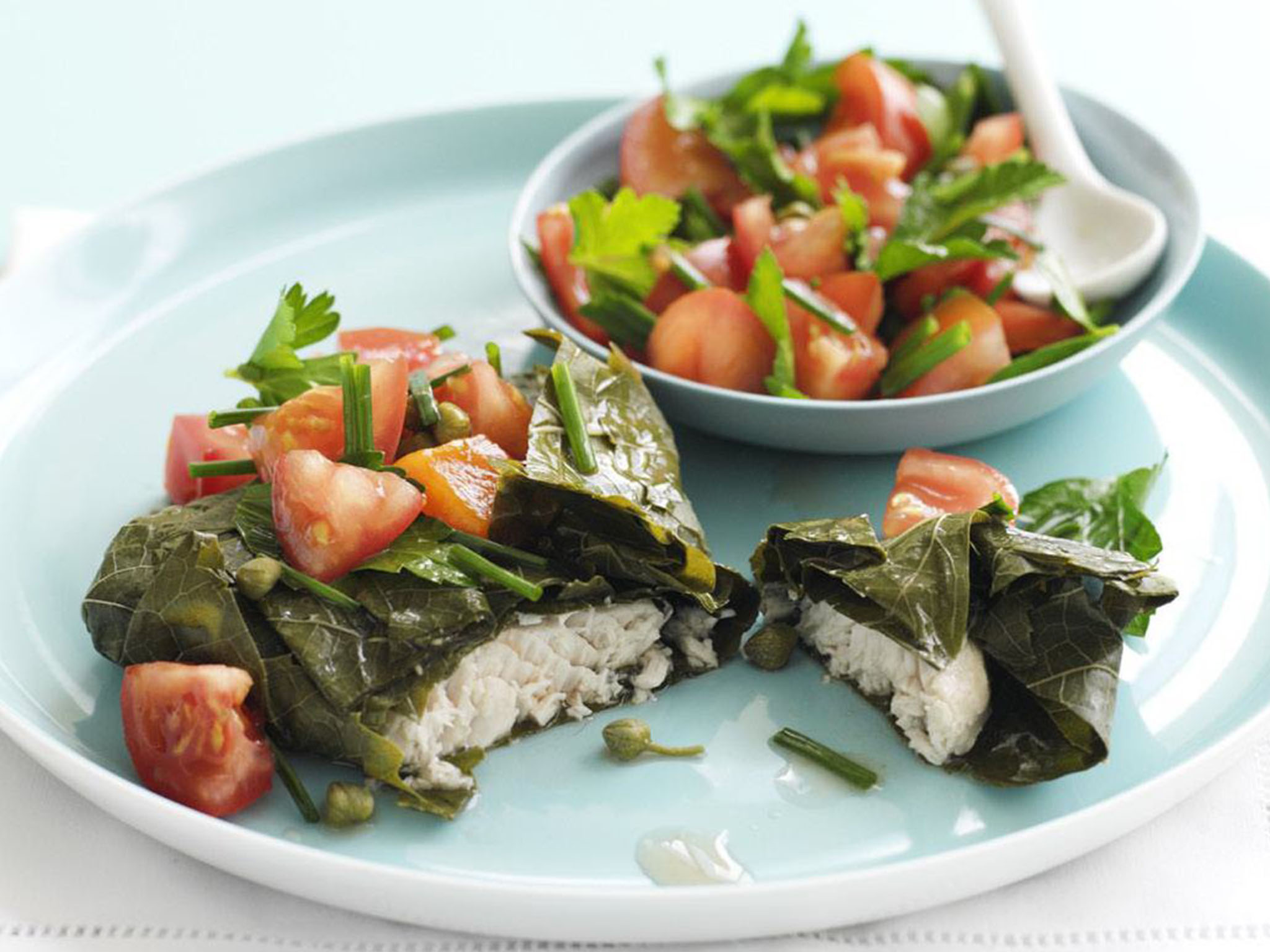 Vine leaf-wrapped fish with tomato salsa | Women's Weekly Food