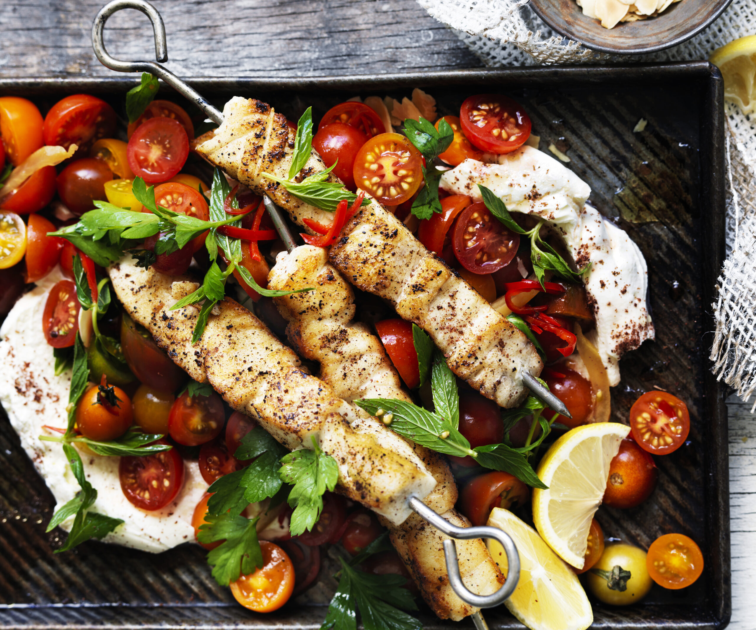 Fish skewers with labne and chilli tomato salad | Women's Weekly Food