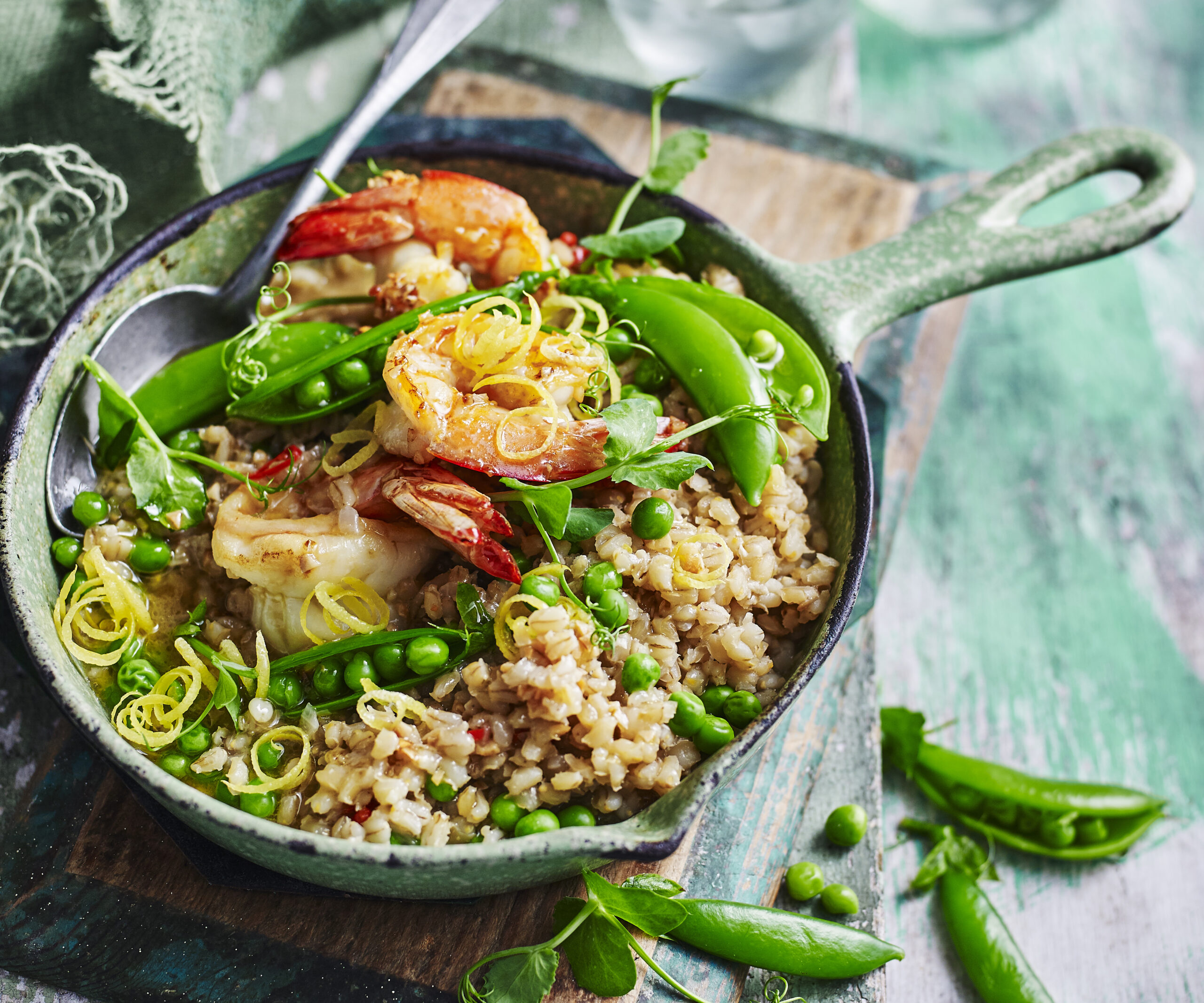 Pea and barley risotto with garlic prawns | Women's Weekly Food