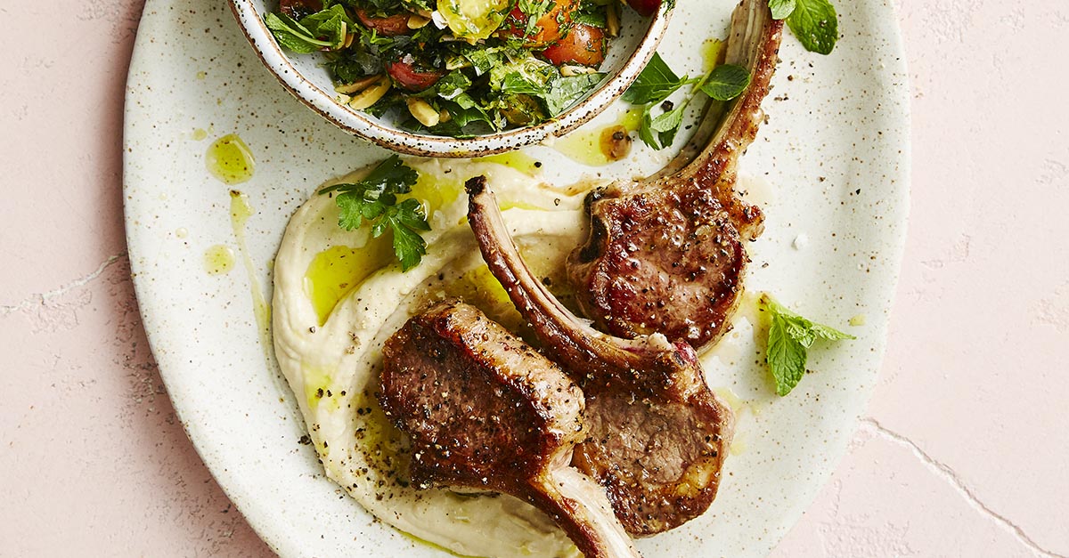 Lamb cutlets with hummus and a mint and almond tabbouleh | Women's ...